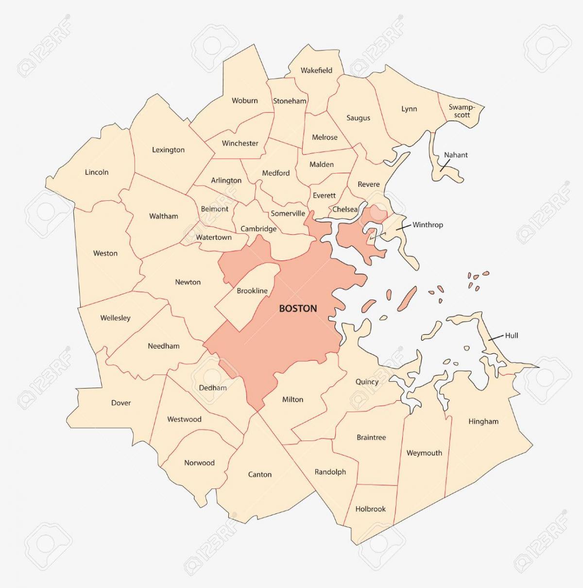 Mapa da área de Boston - Mapa área de Boston (Estados Unidos de América)